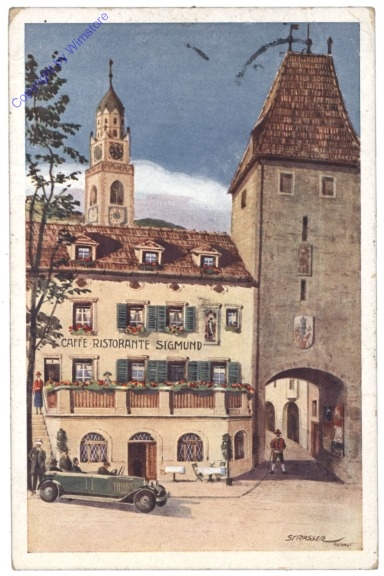 Merano (Meran), Cafe e Ristorante Sigmund - Numismatik & Schmuck Walkner