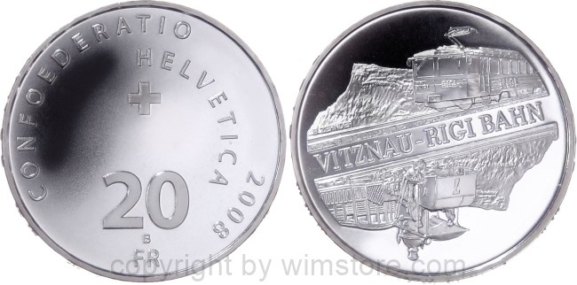 Schweiz, 20 Franken 2008, Zahnradbahn von Vitznau auf die Rigi und elektrischer Triebwagen, KM ...