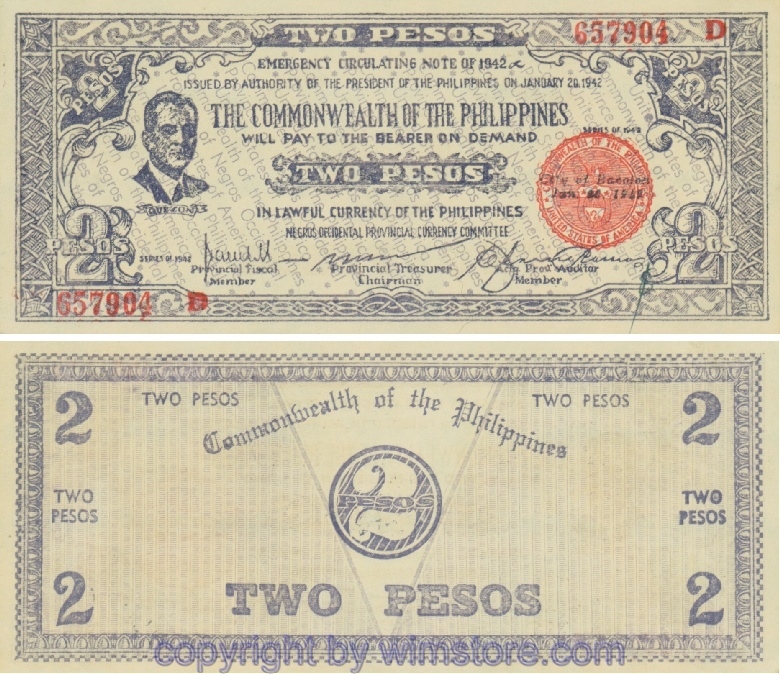 Philippinen Guerilla- und Notausgaben, Negros, PS0647B, 2 Pesos 1942 ...