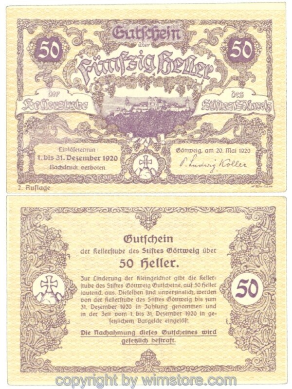 Göttweig, Prv. Kellerstube, J00245III, 50 Heller; 1 - Numismatik & Schmuck Walkner