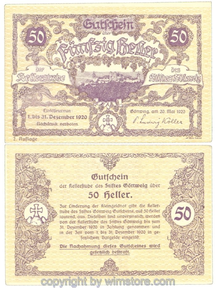 Göttweig, Prv. Kellerstube, J00245III, 50 Heller; 1 - Numismatik & Schmuck Walkner