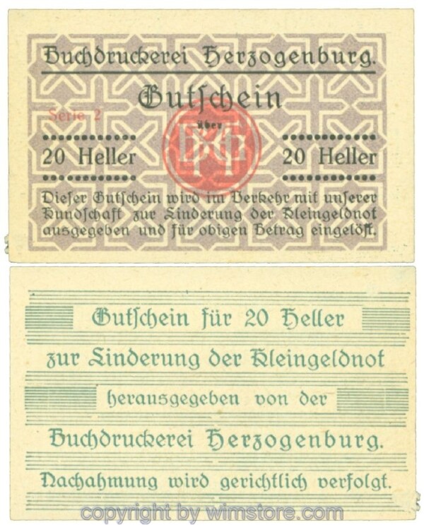 Herzogenburg, Prv. Buchdruckerei, J00369IIDa, 20 Heller; 1- - Numismatik & Schmuck Walkner