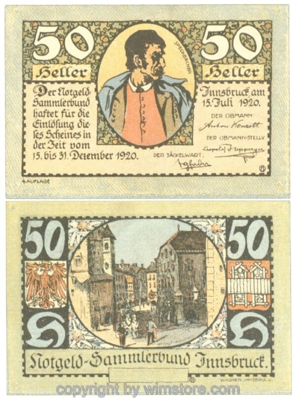 Innsbruck, Prv. Notgeld-Sammlerbund, J00412So, 50 Heller; 1 - Numismatik & Schmuck Walkner